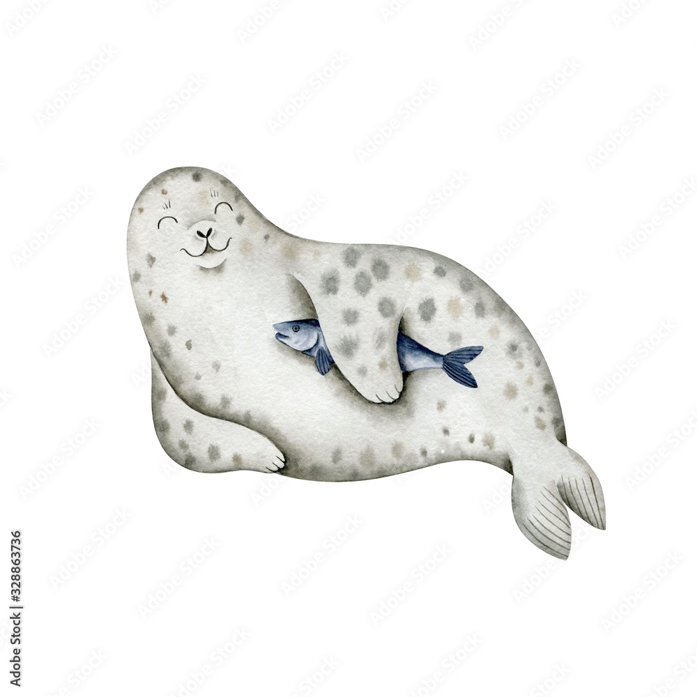 Cute seal with fish-watercolor illustration isolated on white ...