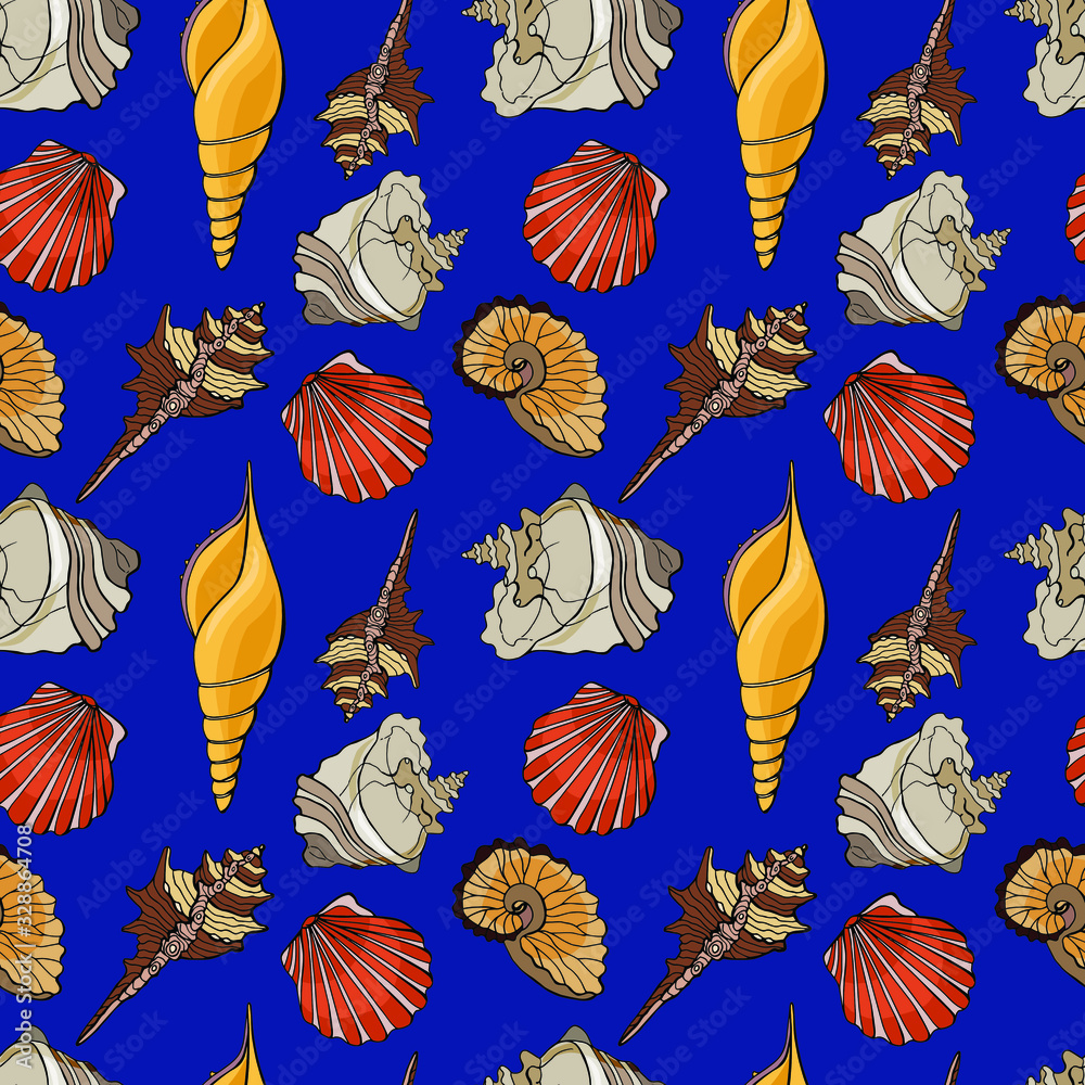 Sea shells seamless pattern. Stock illustration. Cartoon style ...