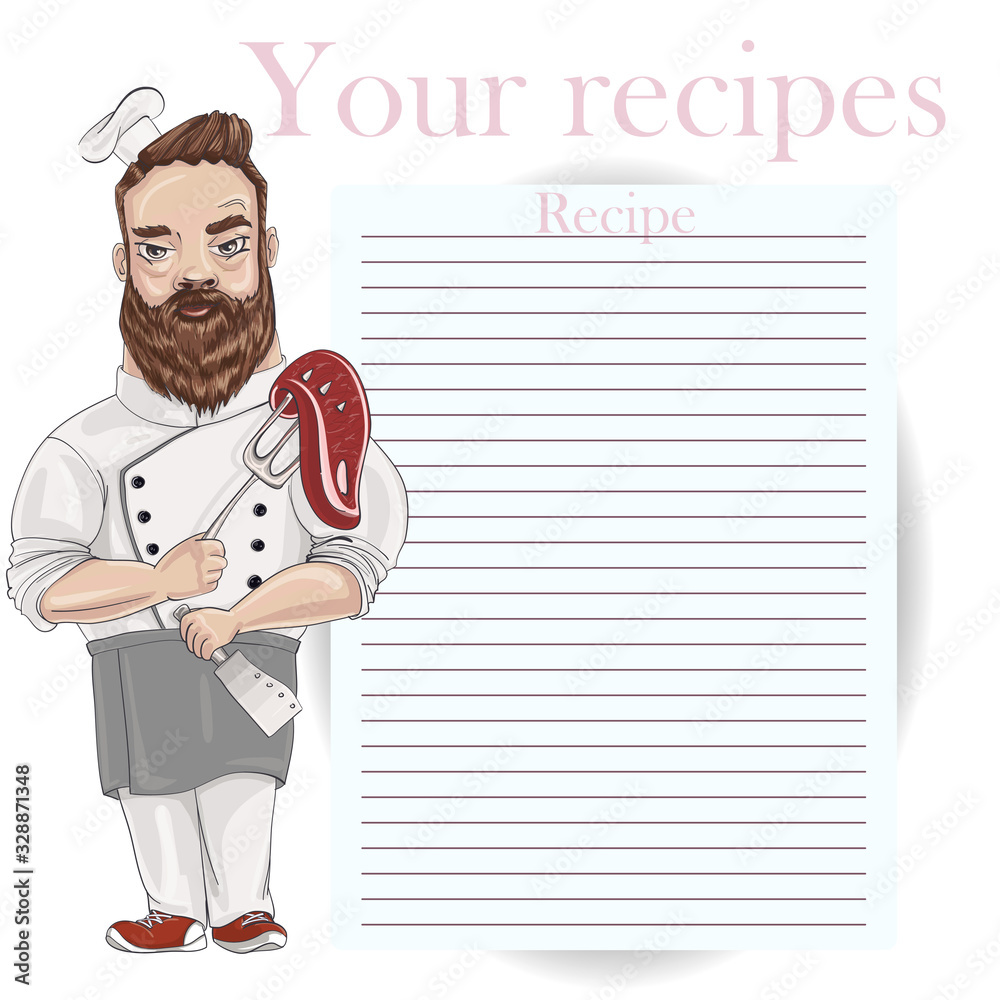 Chef in a cook hat holds a fork with a steak in one hand and a knife in ...