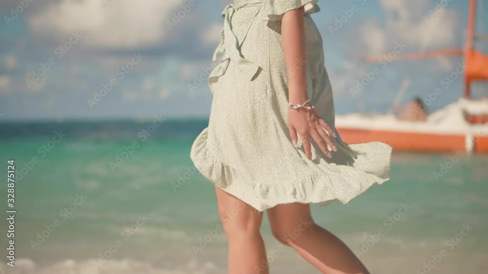 Beautiful Woman Relaxing On Maldives Flowing Dress Blowing In Wind ...