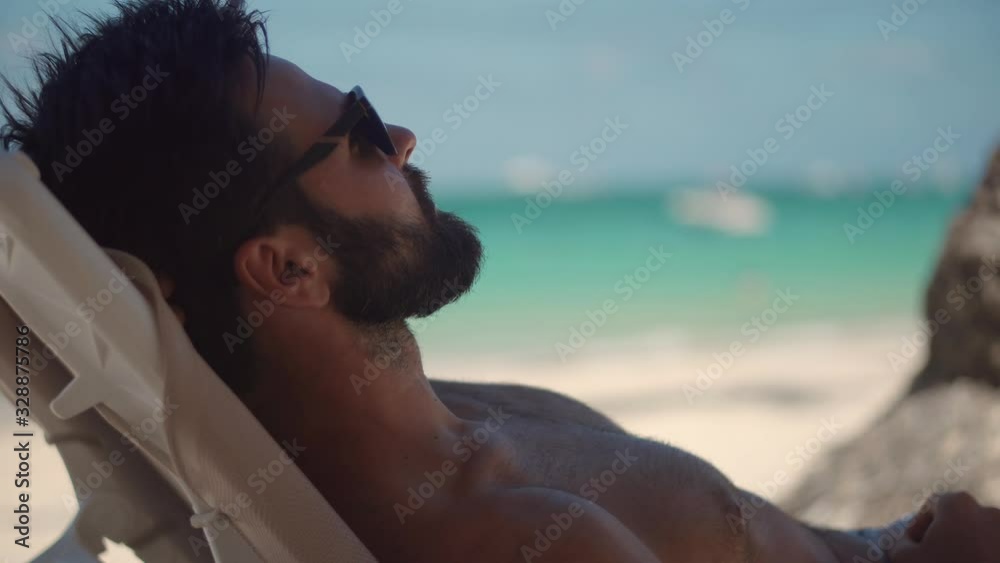 Man Relaxing On Vacation Caribbean Tropical Beach.Happy Businessman ...