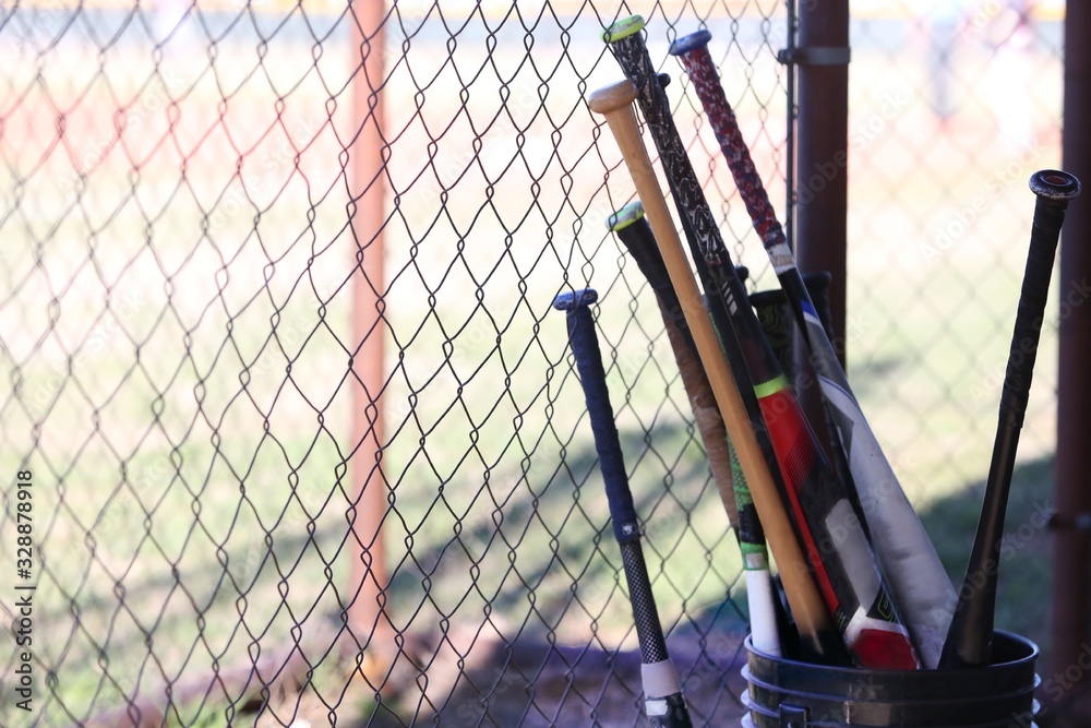 Bucket of baseball bats in dugout Stock Photo | Adobe Stock