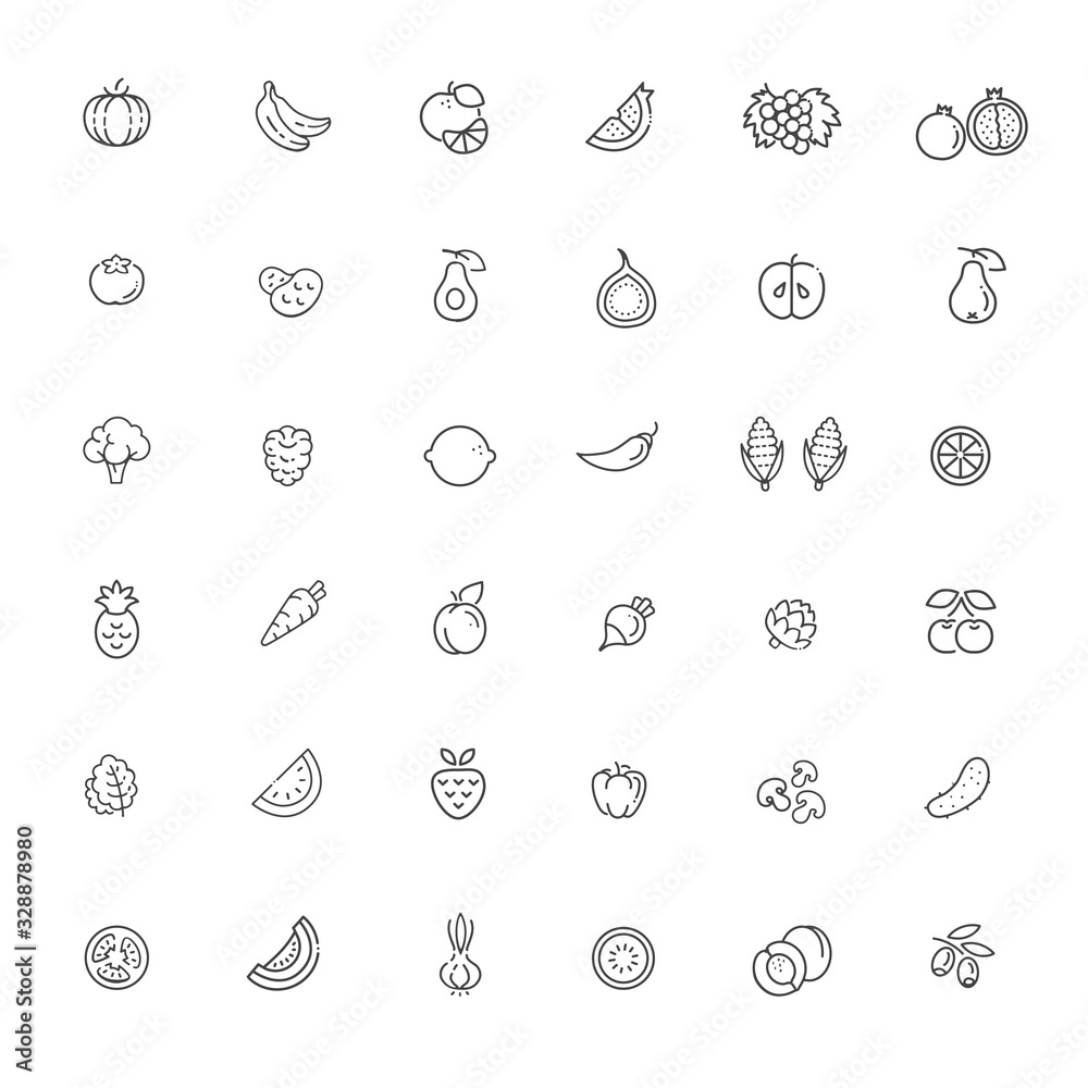 Set of Outline stroke Fruit outline icon. Set of Outline stroke Fruit ...