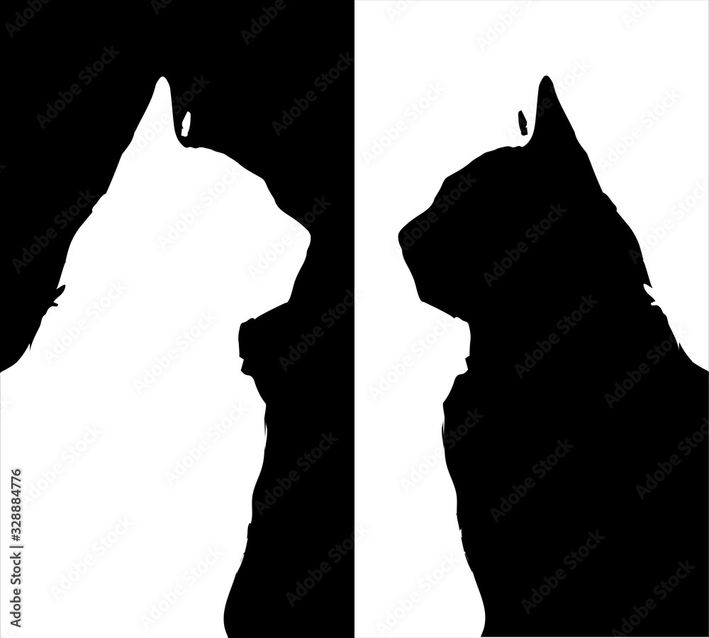 black and white silhouettes, two cats sitting opposite each other, in ...