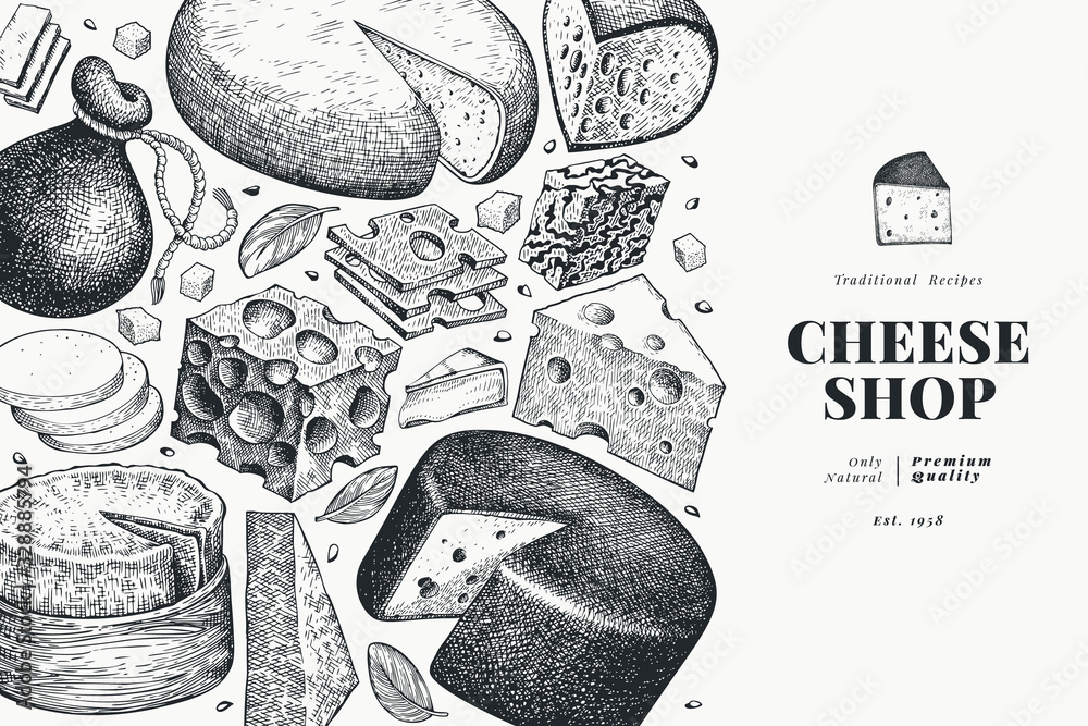Cheese design template. Hand drawn vector dairy illustration. Engraved ...