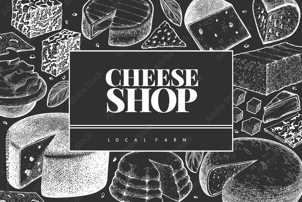 Cheese design template. Hand drawn vector dairy illustration on chalk ...