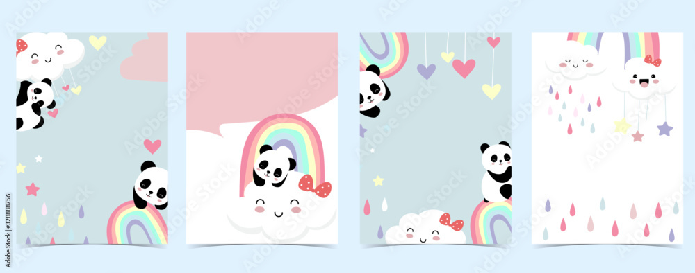 Collection of panda background set with cloud, rainbow,balloon.Editable ...