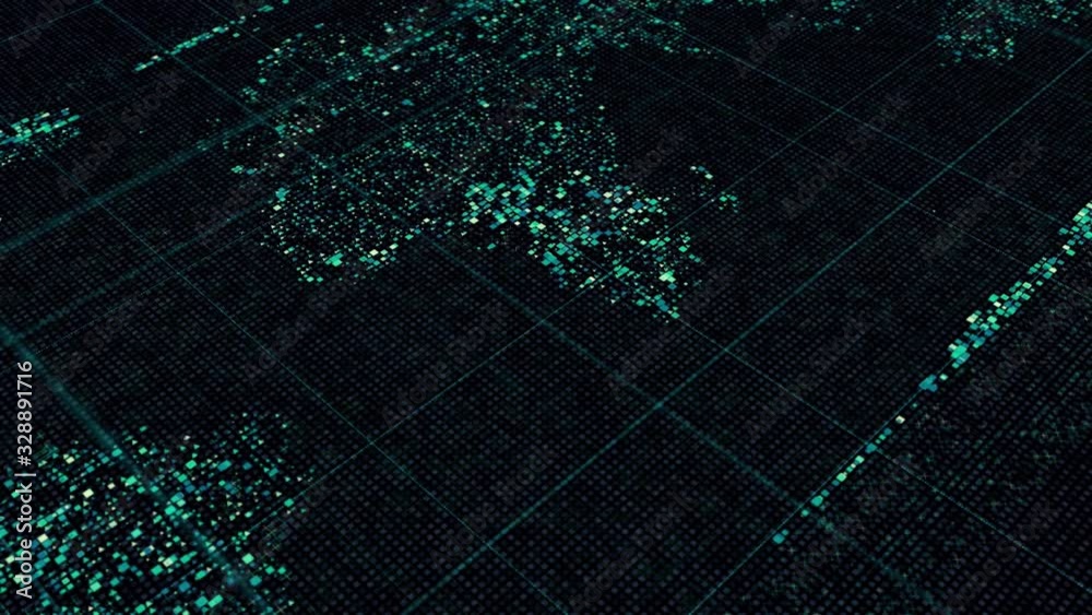 Abstract animation of world map in digital screen with colorful dots ...