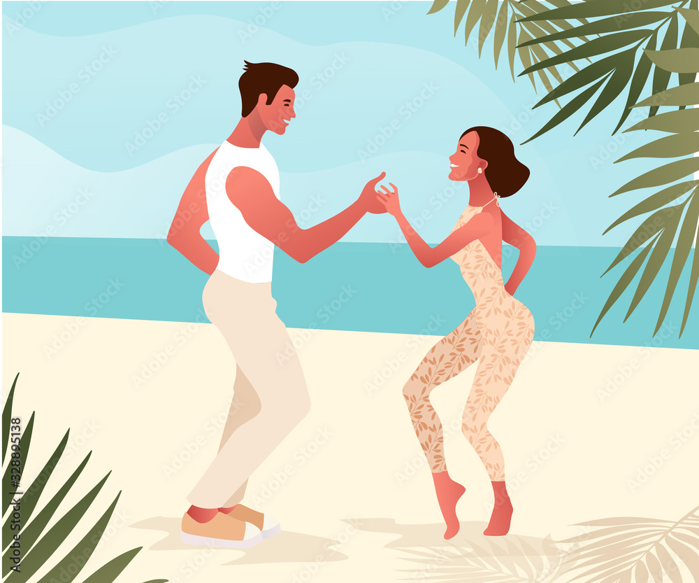 Salsa on a beach, summer dance party. Beautiful young couple dancing ...