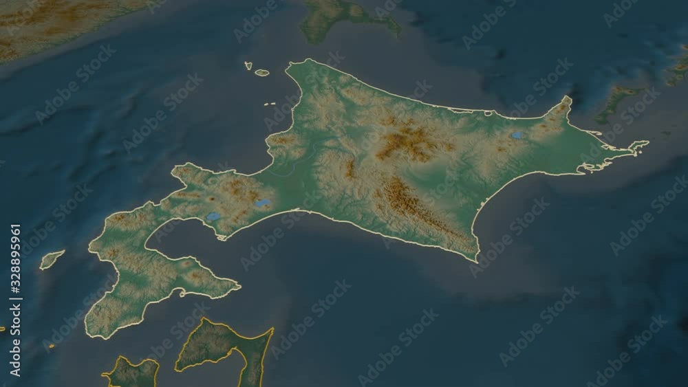 Hokkaido, circuit with its capital, zoomed and extruded on the relief ...
