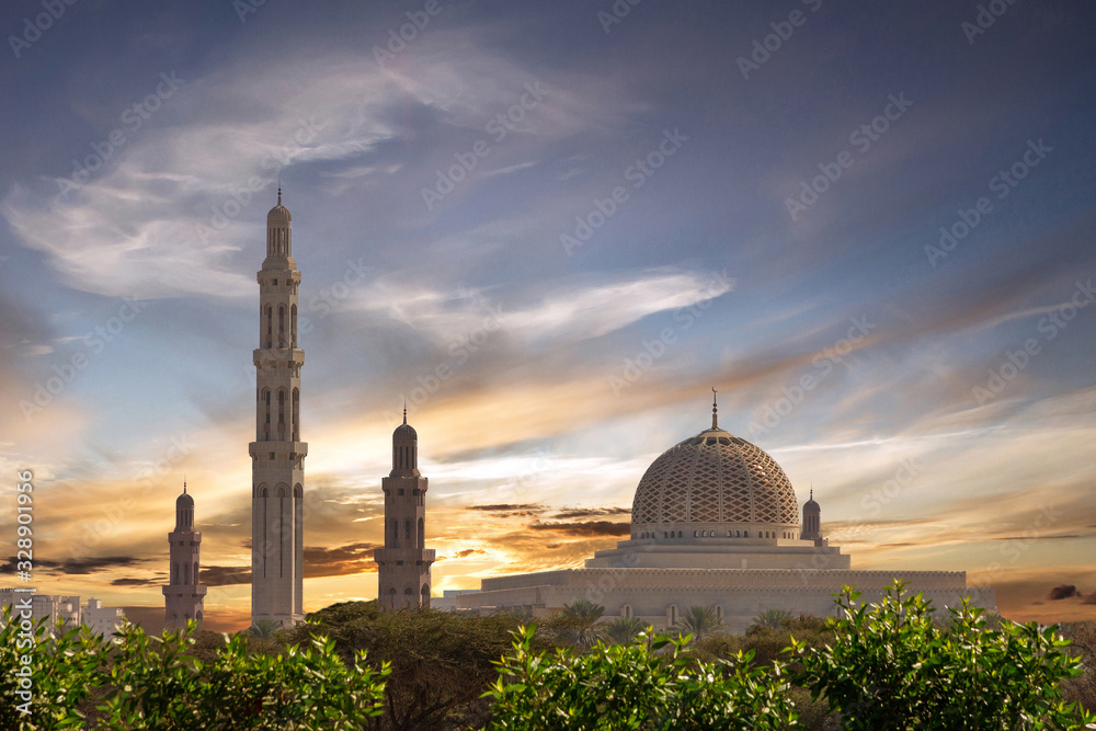 Muscat sunset landscape, Oman, Sultan Qaboos Grand Mosque building ...