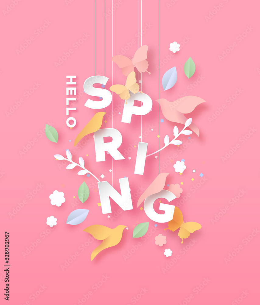 Hello spring paper cut card of nature season icons Stock Vector | Adobe ...