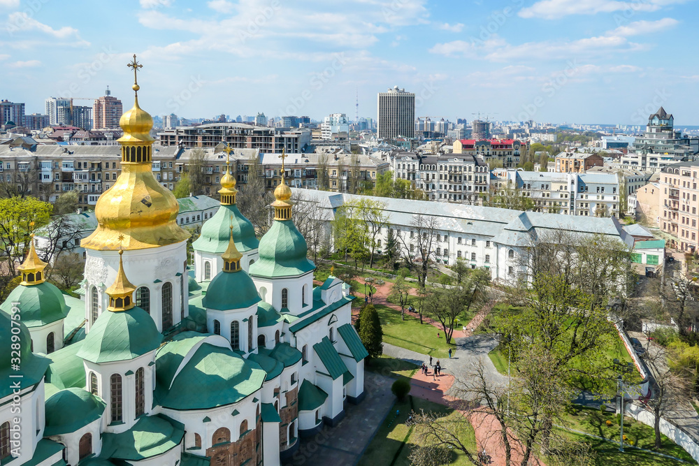 St Sophia's Cathedral in Kiev, Ukraine seen from the bell tower. The ...