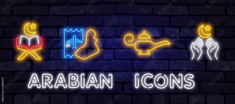 Arabic culture and religion middle east traditional neon icon flat set ...
