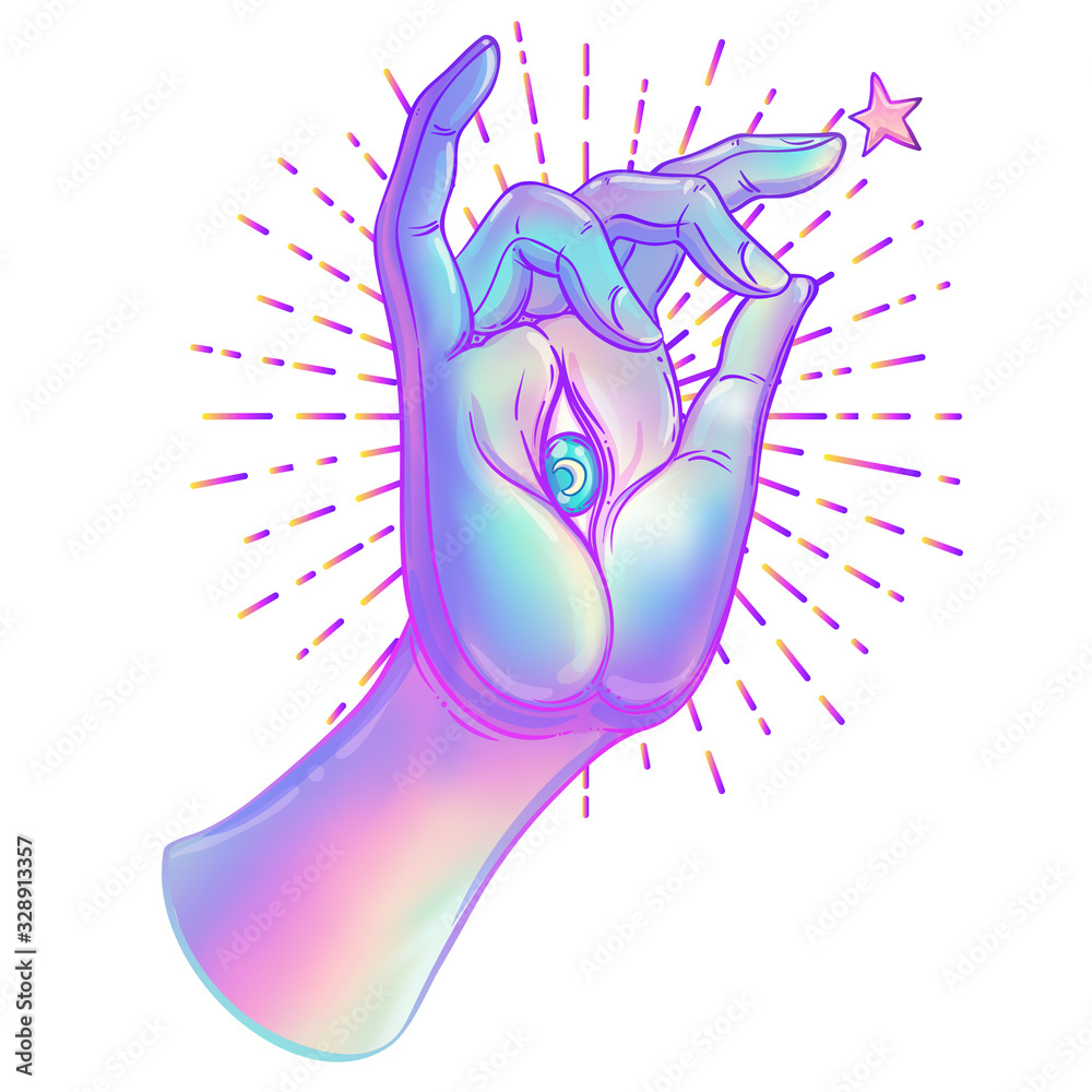 Lord Buddha's hand with all-seeingl eye. Psychedelic colors. Hand drawn ...