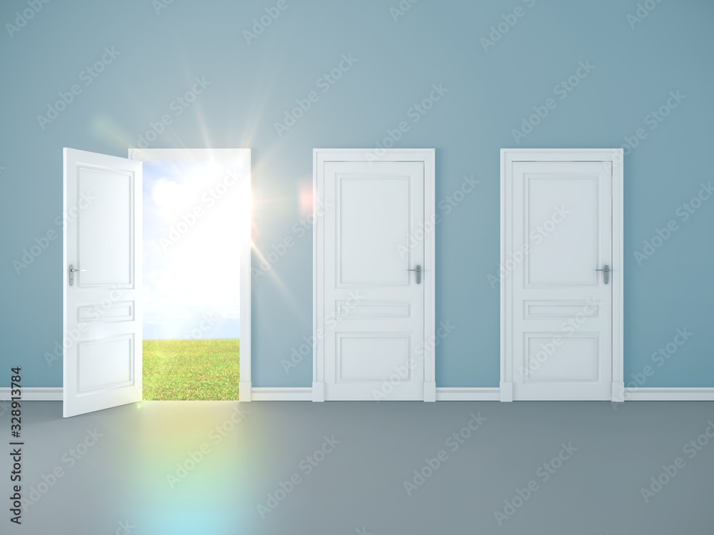 Blue room interior with open door to field. Stock Photo | Adobe Stock