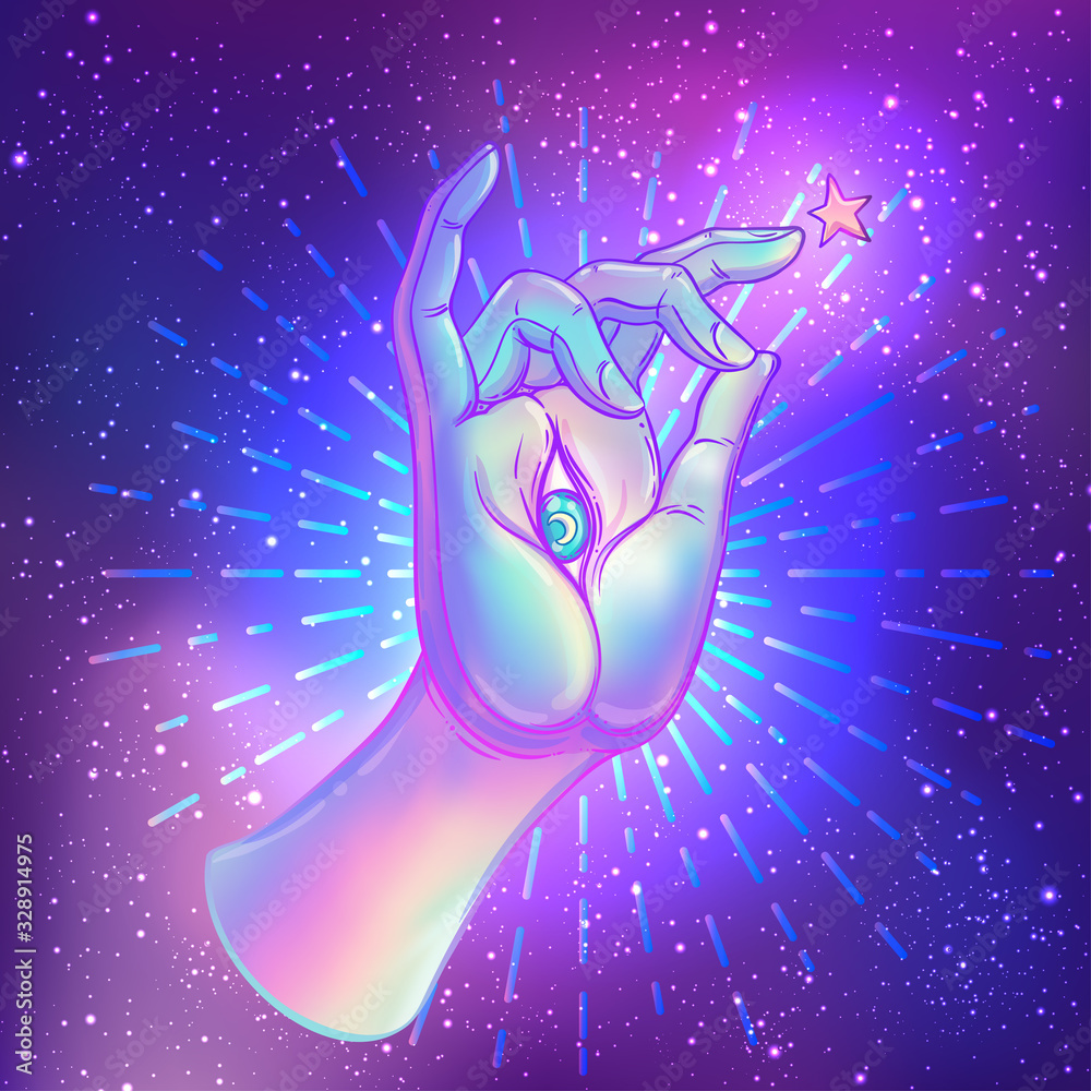 Lord Buddha's hand with all-seeingl eye. Psychedelic colors. Hand drawn ...