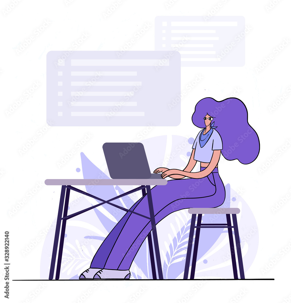 A girl sitting on the chair works on the laptop in social networks ...