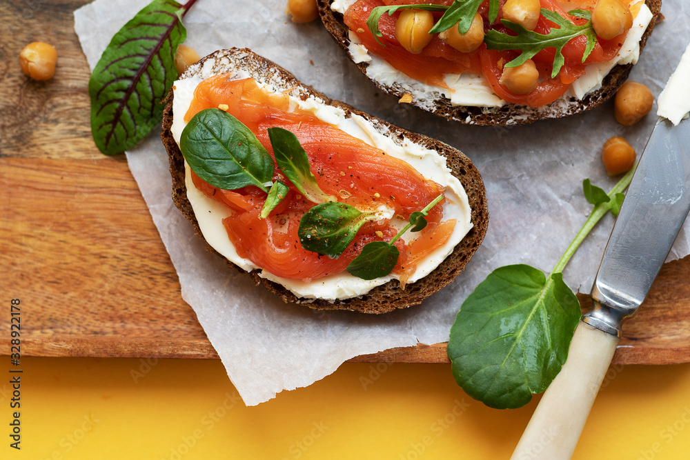 Breakfast starts a brisk day. Sandwich with slightly salted salmon ...