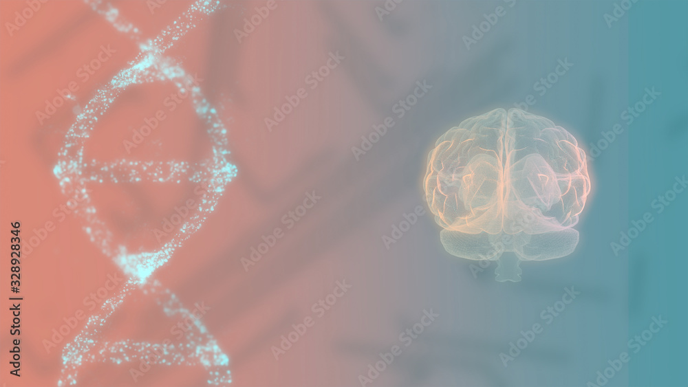 3d image of the human brain and DNA spiral on colorful screen. Stock ...