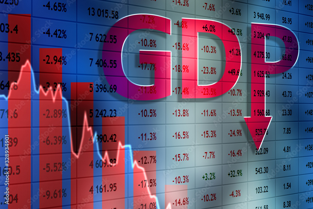 Logo of falling GDP. The collapse of GDP growth. Arrow goes down from the letters GDP. Gross ...