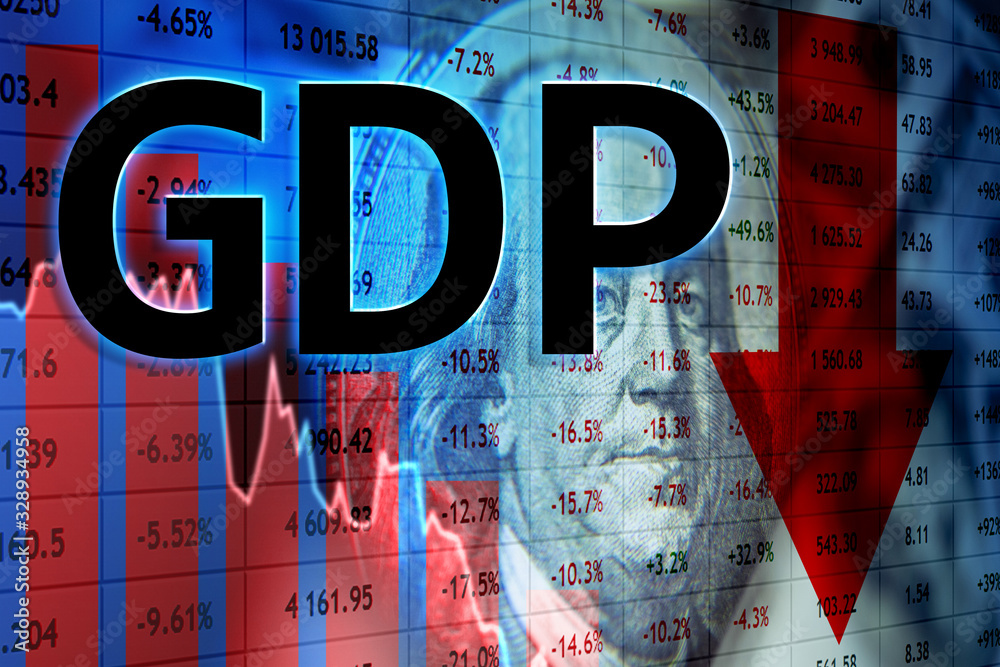 GDP. Size of GDP per capita is falling. Table with quotes. Red falling ...