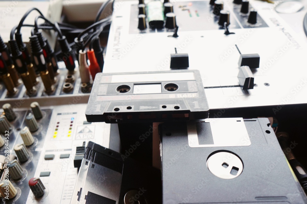 vintage hip hop recording studio, different consoles and controllers ...