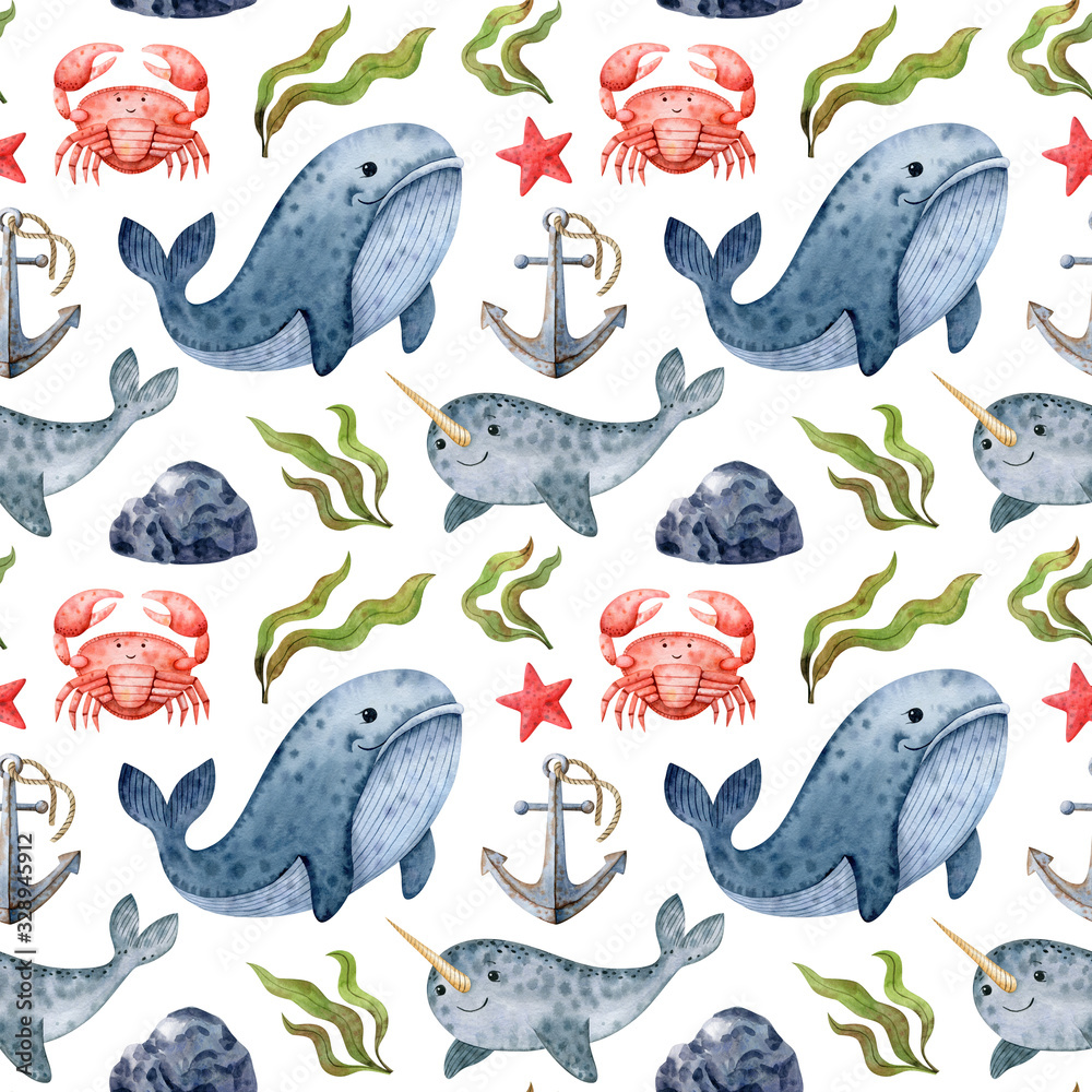 Seamless pattern with cute sea animals on white background. Whale ...