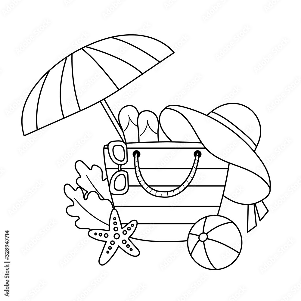 Coloring page for children and adults. Beach bag with sunglasses, flip ...