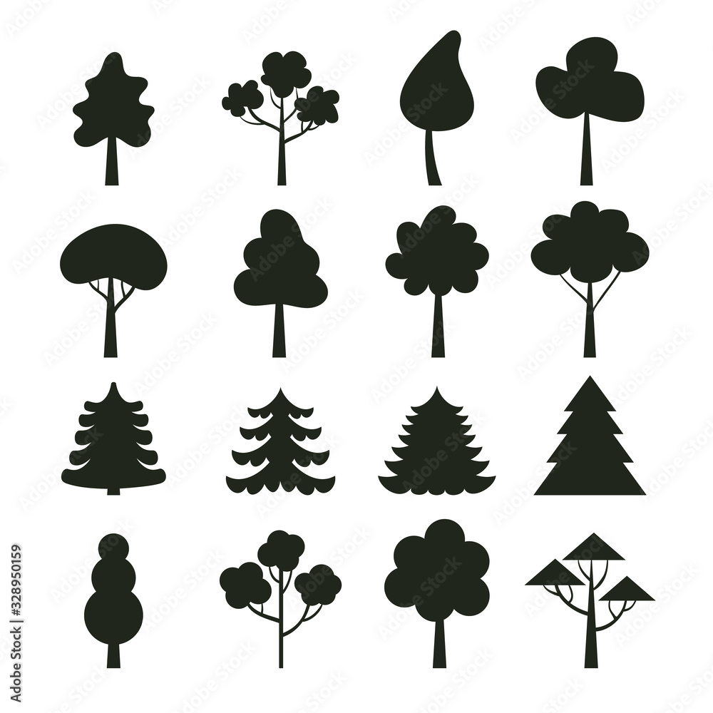 Black silhouette shadow tree isolated set. Vector flat graphic design ...