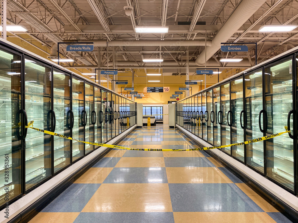 Empty Grocery Store Freezer Aisle With Caution Tape Blocking Entrance ...