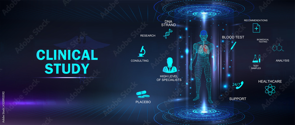 Clinical study, healthcare concept banner with keywords and icons and ...