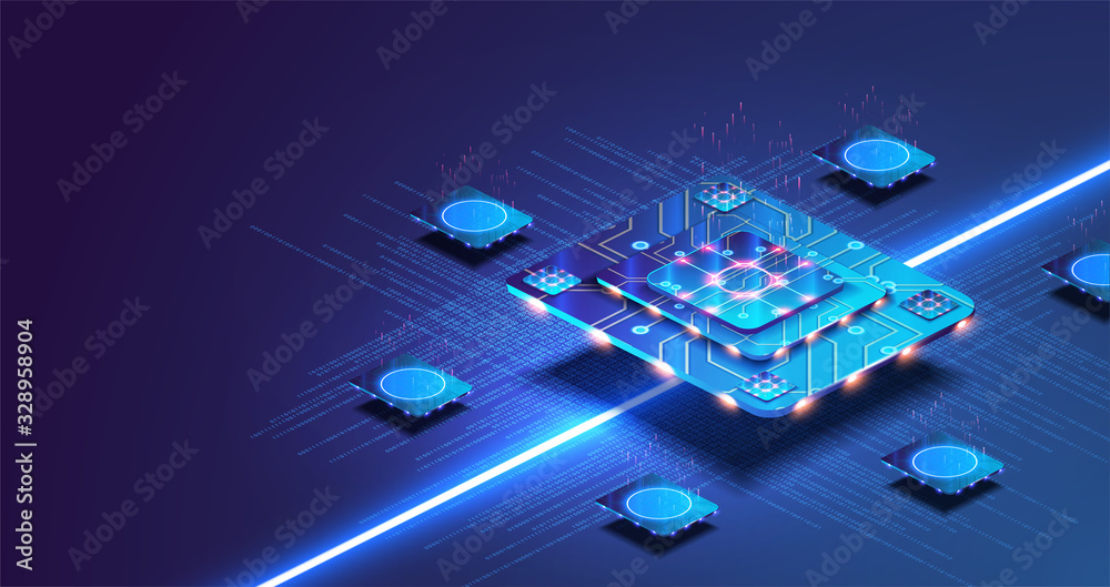 Futuristic microchip processor with lights on the blue background ...