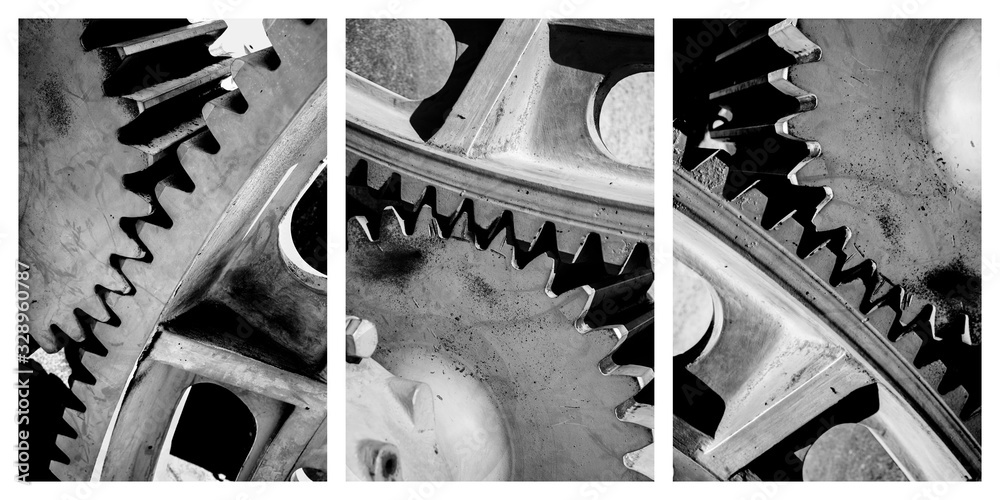 Photo & Art Print Triptych showing interlocking cog wheels, Chris
