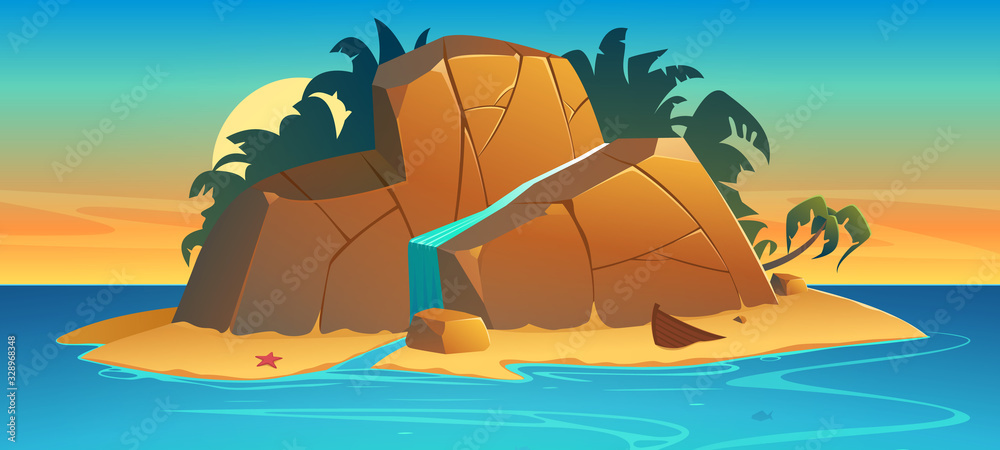 Cartoon illustration of the small tropical island with waterfall in the ...