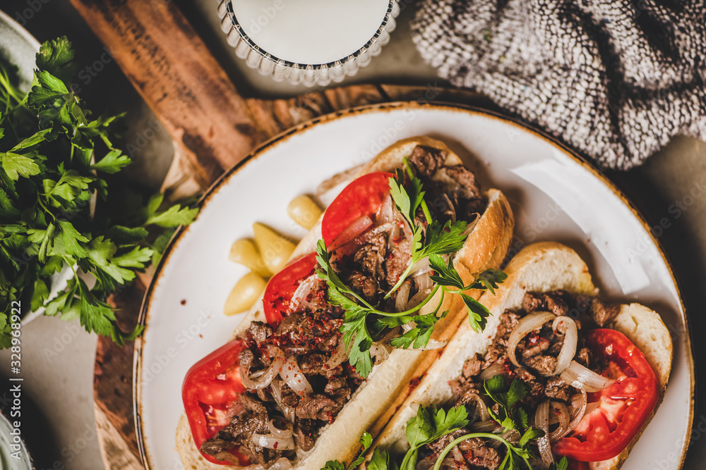 Turkish meat sandwich for lunch. Tantuni sandwich with beef, onion ...