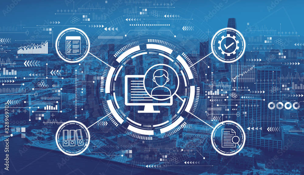 Document management system concept with downtown San Francisco skyline ...