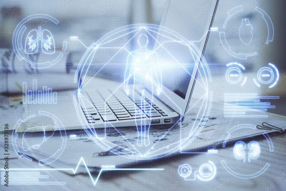 Desktop computer background and education theme drawing. Double ...