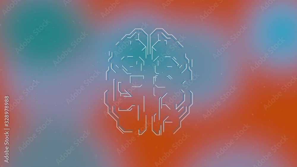 Animated 3d model of human brain rotating over blue-orange background and pulsing electrical ...