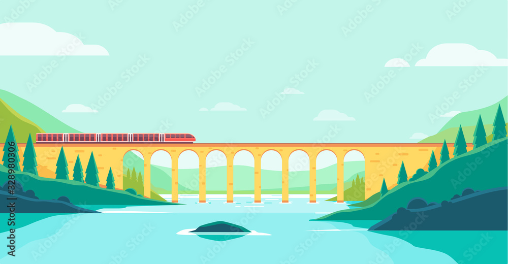 Vector illustration of trains crossing a river over the railroad bridge ...