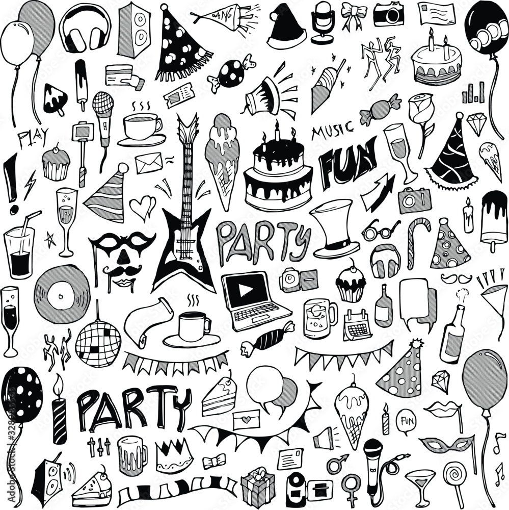Set of Party Drawing illustration Hand drawn doodle Sketch line vector ...