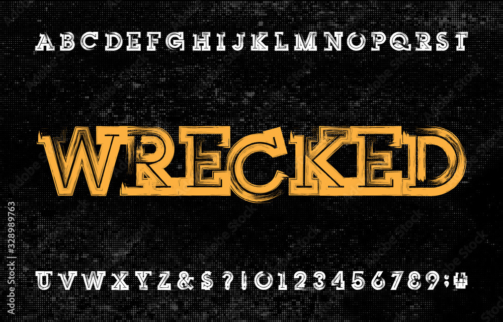 Wrecked alphabet font. Grunge uppercase letters and numbers. Halftone ...