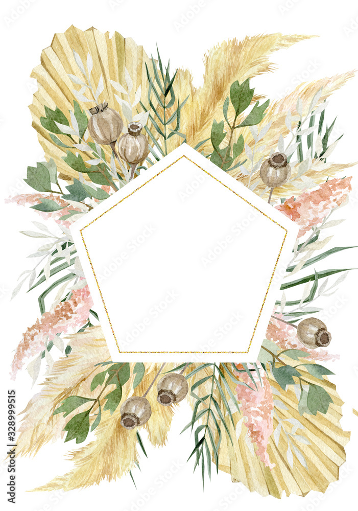 Watercolor luxure tropical frame. Hand drawn boho floral and dasty ...