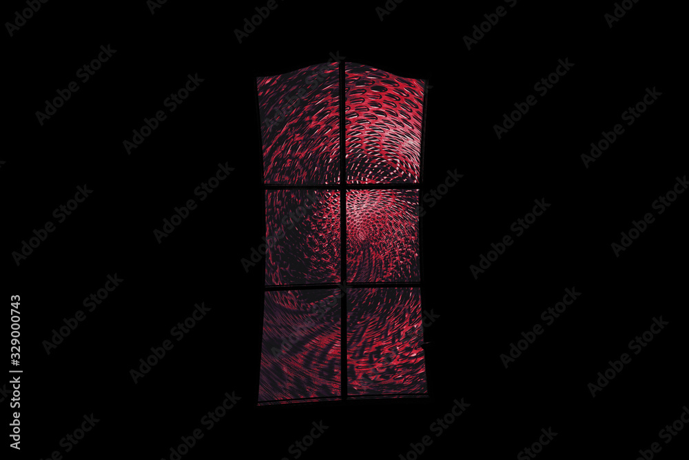 Red creepy portal behind glass door in dark room. Evil in home. Inside ...