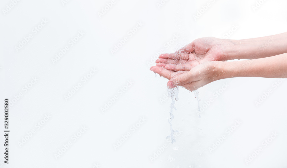 Woman washing hand with water isolated on white background. Good ...