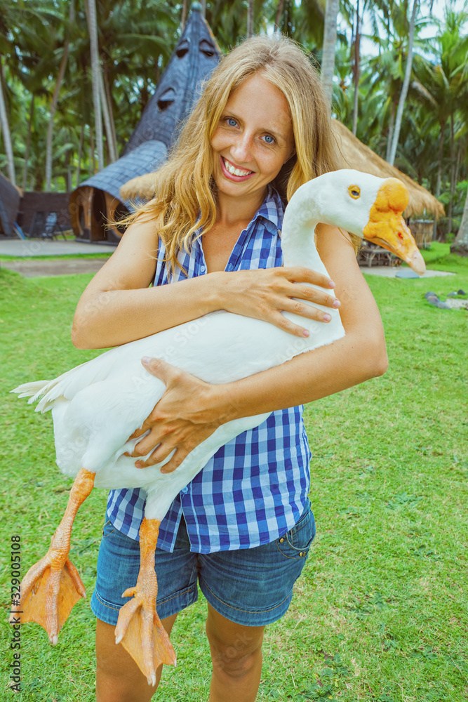 Young happy woman hold in hands funny farm pet - big white domestic ...