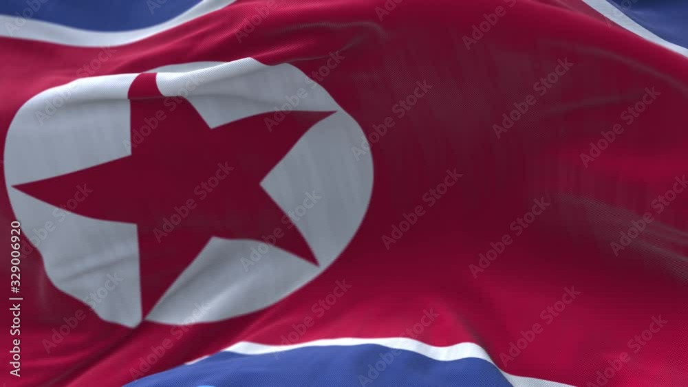 4k North Korea National flag slow loop seamless waving with visible ...