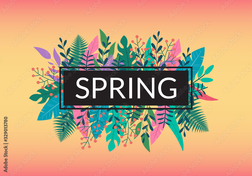 Spring floral banner or logo with leaves and green plants. Leaf and ...