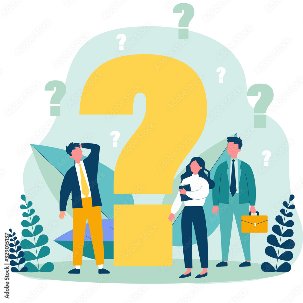 Confused businesspeople asking questions. Puzzled cartoon characters ...