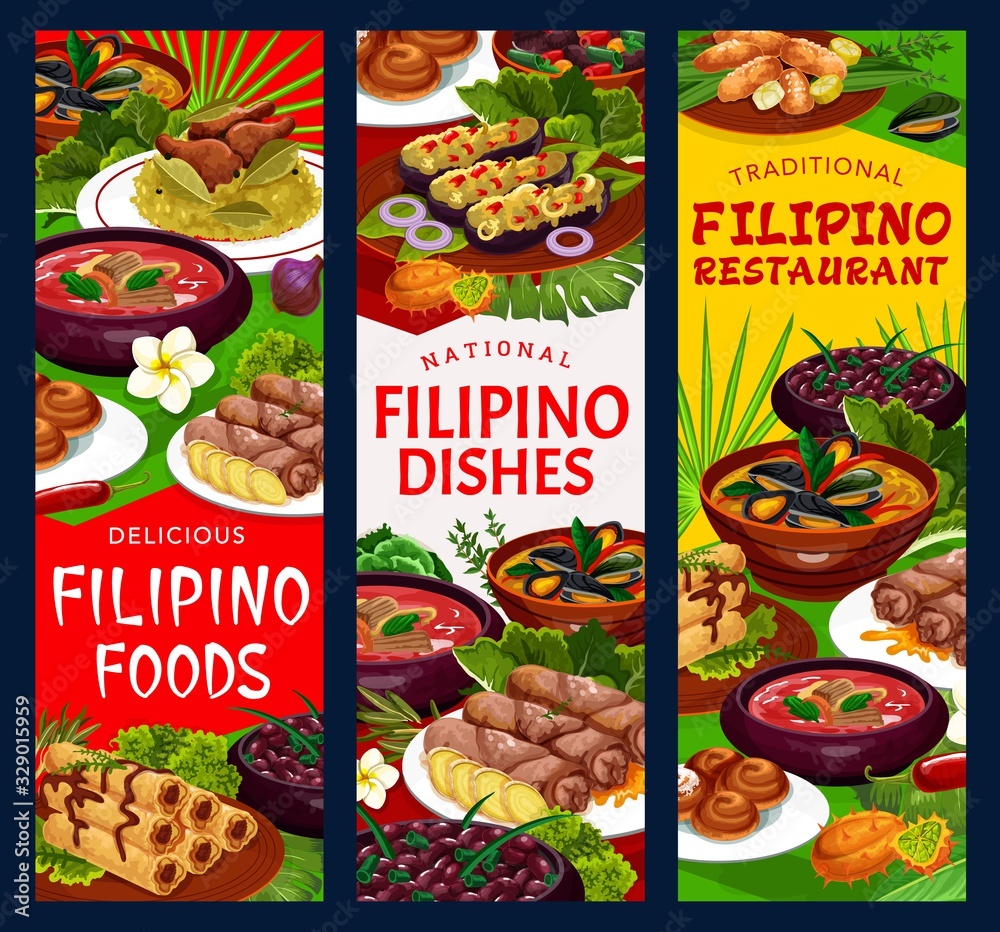 Vecteur Stock Filipino cuisine food, traditional dishes vector banners ...
